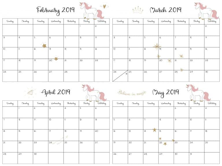 Free Unicorn Calendar Printable 2018-2019 | Shabby Mint Chic Party