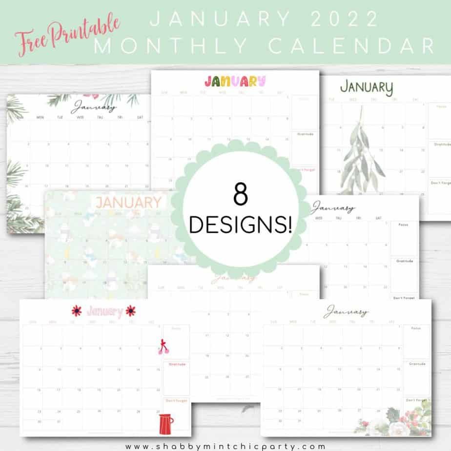 Free Printable January 2022 monthly calendars – Shabby Mint Chic Party